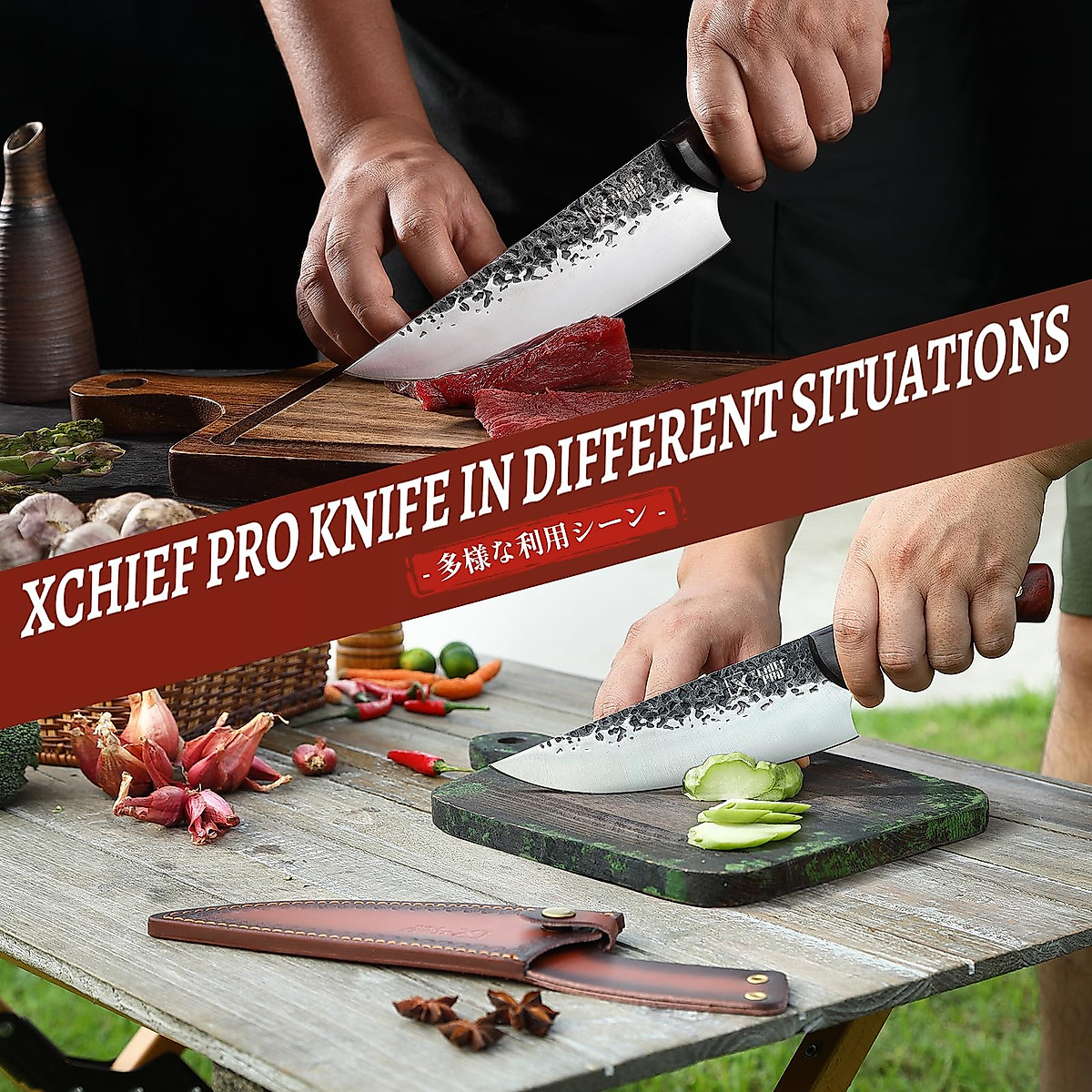 XCHIEF PRO 7" Chef Knife - Butcher Knife for Meat, Japanese High Carbon Meat Cleaver Knife, Hand Forged Meat Cutting Knife, Ultra Sharp Kitchen Knife for Home, Camping BBQ Cooking Knife
