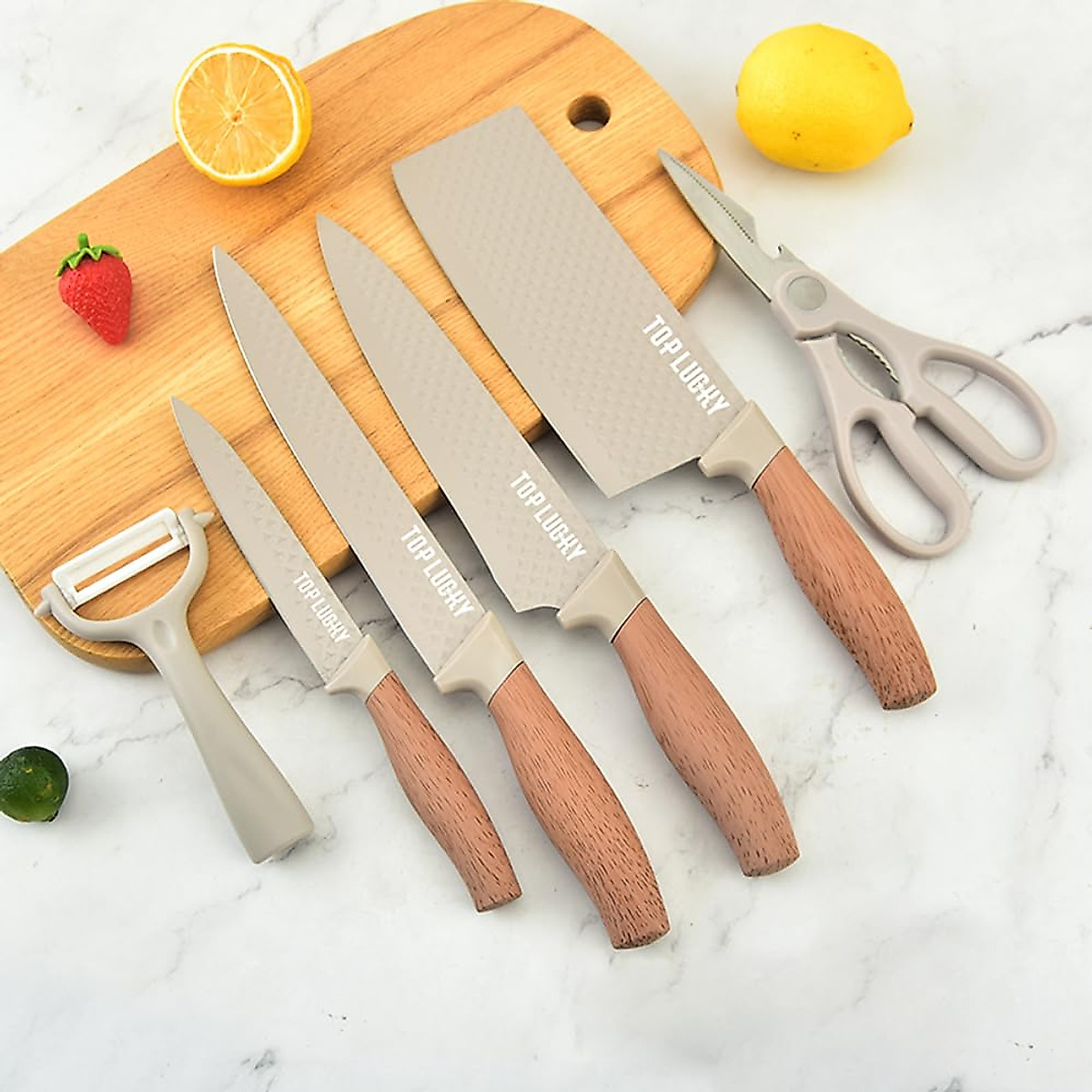 Knife Set, 6-Piece Khaki Professional Kitchen Knife Set for Chef, Super Sharp Meat Knives Cooking Knives Sets, Anti-Rust Stainless Steel Kitchen Knives with Cutlery Ergonomic Design Wood Handle