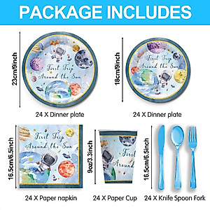 Piooluialy First Trip Around The Sun Birthday Party Decorations - 1st Outer Space Themed Party Supplies Include Plates, Cups, Napkins, Cutlery, First Space Baby Shower Birthday Supplies | 24 Guests