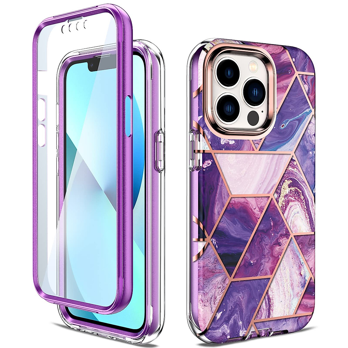 Troniker Stylish Bumper Case Designed for iPhone 13 Pro Max, Purple Marble iPhone 13 Pro Max Case for Women Girls Boys Full-Body Protective Case Cover with Built-in Screen Protector