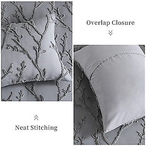 Queen Size Duvet Cover Set - 3-Piece Shabby Chic Branches Tufted Embroidery Duvet Cover Set for All Seasons, Grey, 90 x 90 Inch