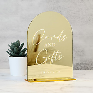 Acrylic Cards and Gifts Sign with Stand- 5"x7" Gold Mirror Arch Acrylic Wedding Sign and Base,1/8" Thick | Modern Calligraphy White Lettering Arch Acrylic Sign for Wedding Reception & Party