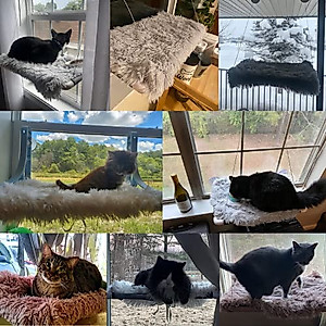 HlinZoom Cat Window Perch, Safety Hammock Window Seat with Strong Suction Cups, Pet Resting Seat with Fluffy Blanket, Providing All Around 360°Sunbath for Indoor (Light Grey)
