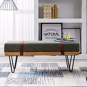 DUOMAY Industrial Modern PU Rectangle Ottoman Bench with PU Strap and Metal Legs, Mid Century Dining Table Bench Footstool Entryway Shoe Bench for Bedroom Dining Room Living Room, Green