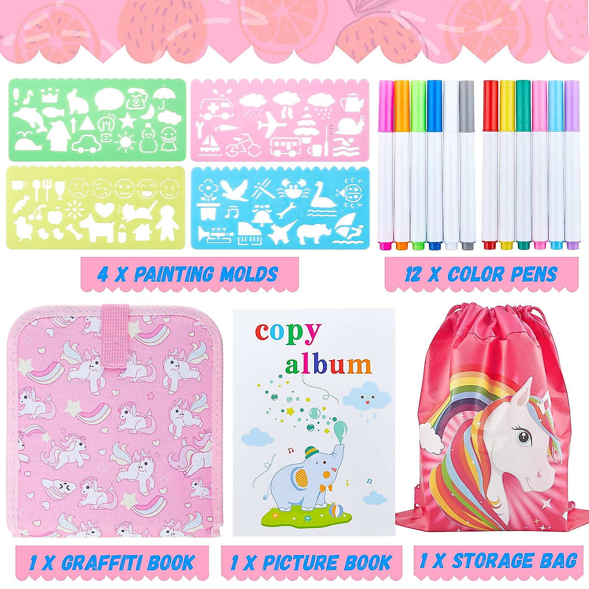 Erasable Doodle Book Set for Kids, Reusable Magic Drawing Book Writing Painting Set Travel Airplane Activity for Toddlers Age 3, 4, 5, 6 (Pink Unicorn)