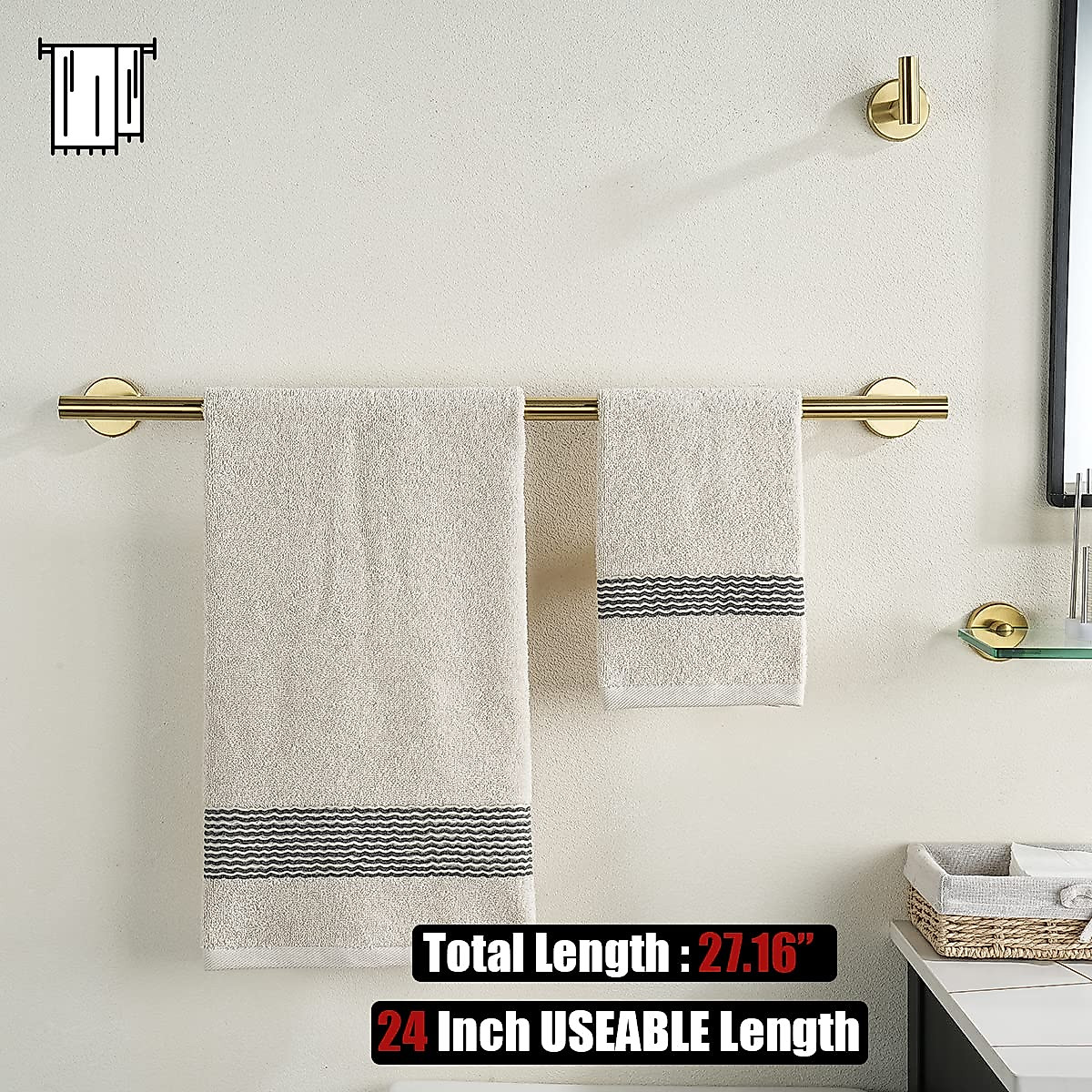 JQK Bath Towel Bar, 24 Inch Brushed Light Gold Towel Rack Bathroom, 304 Stainless Steel Thicken 0.8mm Towel Holder Wall Mount, Total Length 27 Inch, TB110L24-BG