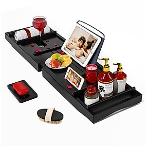 Bathtub Tray Bath Caddy Expandable-Bathtub Shelf for Tub As Gift Idea to Lovers with Free Soap Holder and Shower Brush Black…