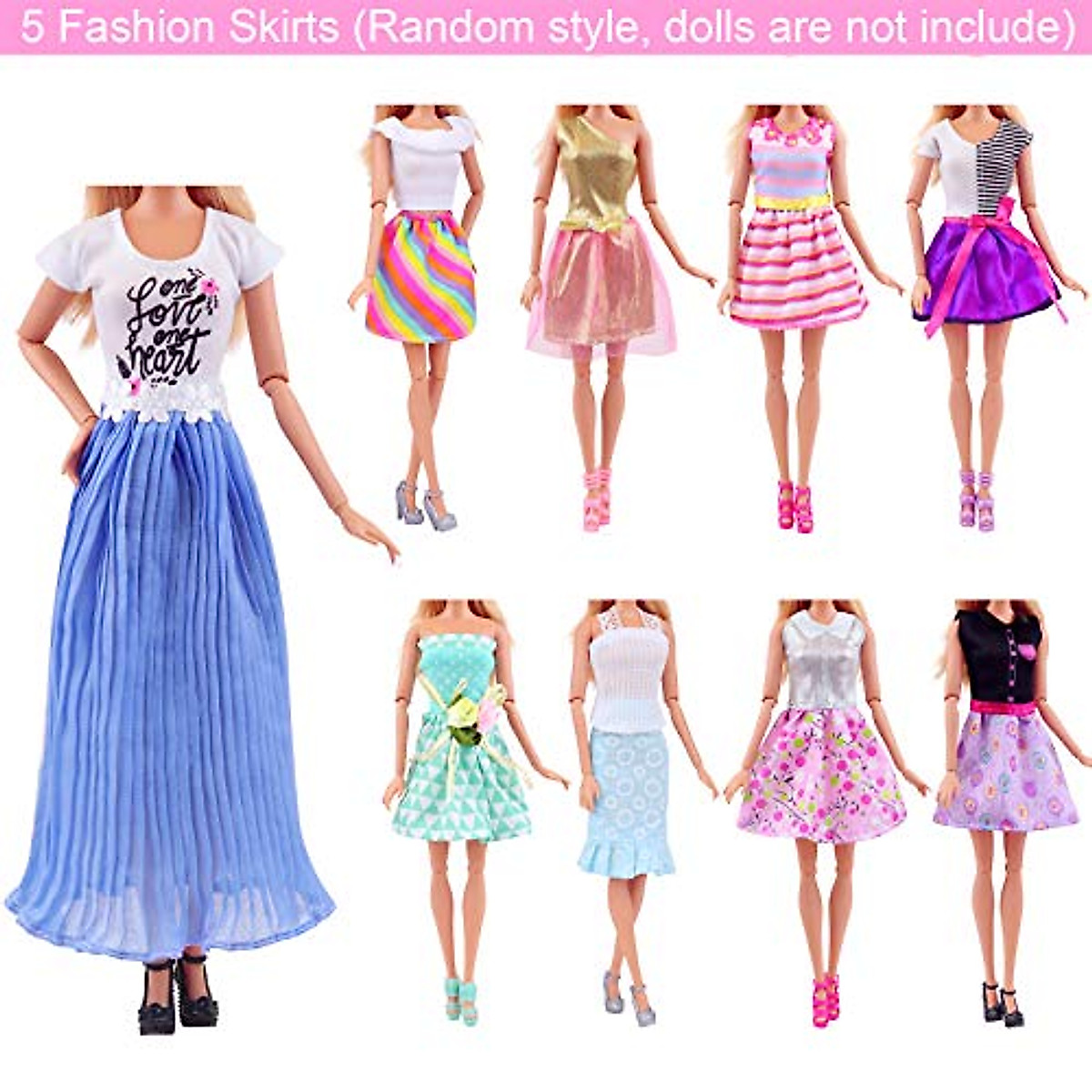 Ecore Fun 41 Pcs Doll Clothes and Accessories, 5 Wedding Gowns 5 Fashion Skirts 5 Mini Dresses 3 Fashion Clothes 3 Bikini Swimsuits 10 Hangers 10 Shoes Perfect for 11.5 Inch Dolls