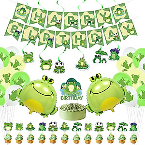 KEFAN Frog Birthday Party Supplies, Frog Birthday Party Decorations, Frog Themed Party Supplies Decor with Happy Birthday Banner, Cake Toppers, Balloons for Boys Girls Birthday Party1st Baby Shower
