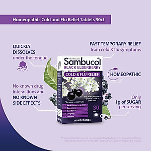 Sambucol Cold and Flu Relief Tablets - Homeopathic Cold Medicine, Cold Remedy for Adults, Black Elderberry for Colds, Zinc Cold Remedy - 30 Count