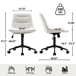 Kidol & Shellder Armless Office Chair Desk Chair Comfy Ergonomic Swivel Chair Home Office Desk Chairs with Wheels Rolling Task Computer Chair Makeup Vanity Chair with Back for Bedroom(White)