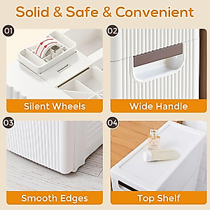 3 Drawers Slim Bathroom Storage Cabinet Dresser, Narrow Plastic Rolling Cart Organizer with Drawers, for Small Spaces, Kitchen, Laundry, Office, Bedroom, White