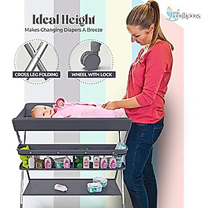 Babylicious Baby Portable Changing Table - Foldable Changing Table with Wheels - Portable Diaper Changing Station - Adjustable Height Baby Changing Table-Safety Belt and Large Storage Rack for Infants