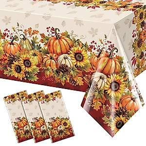 YIDAKO 3 Pack 108x54 inch Fall Tablecloths, Sunflower Pumpkin Tablecloth,Plastic Disposable Rectangle Table Cover for Autumn Harvest Thanksgiving Halloween Party Decorations