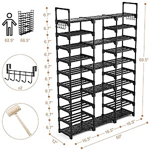 VTRIN Upgrade Shoe Rack Shoe Organizer for Entryway 10 Tiers Holds 54-62 Pairs Shoe and Boots Shelf Organizer Storage Organizer for Closet Durable Metal with Versatile Hooks for Bedroom Garage