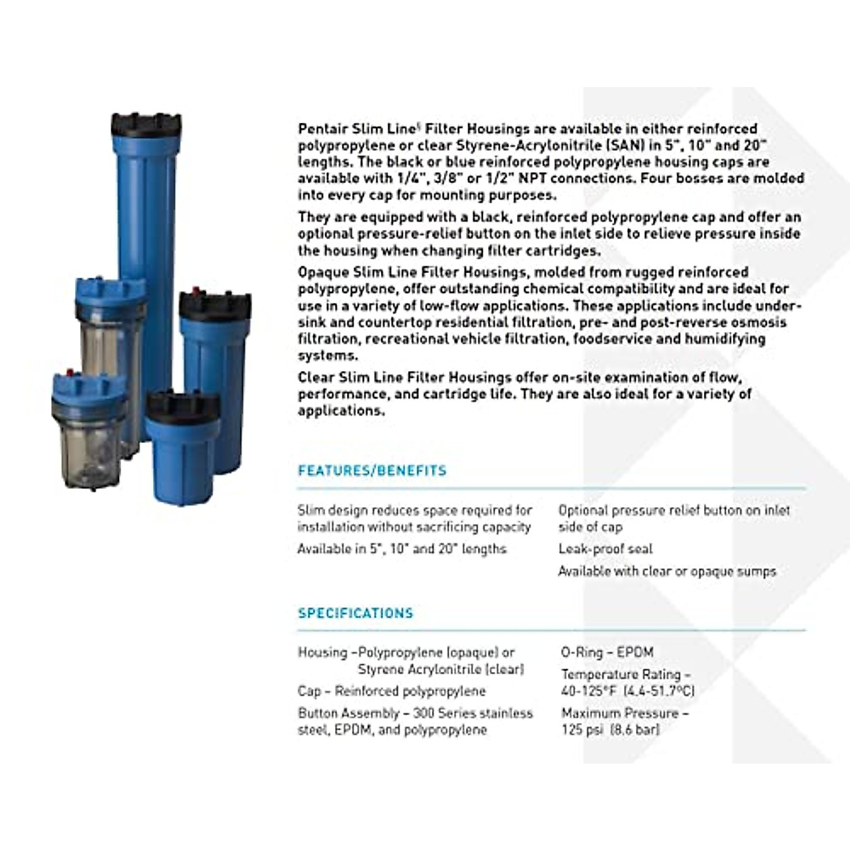 Pentair Pentek 158115 Traditional Slim Line Filter Housing, 1/4" NPT #10 Under Sink Opaque Water Filter Housing with Pressure Relief Button, 10-Inch, Blue