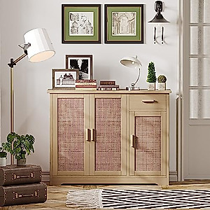 Irontar Kitchen Storage Cabinet, Sideboard Buffet Cabinet with Rattan Decorated Doors, Farmhouse Console Table with Drawer, Coffee Bar, Accent Table for Kitchen, Living Room, Hallway, Natural CWG010M