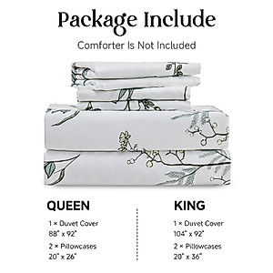 Simple&Opulence 100% Cotton Duvet Cover Set King Size, 3Pcs White Floral Botanical Printed Comforter Cover Set with Button Closure, Soft Breathable Bedding with Linen Trim for All Seasons