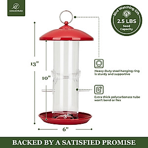 Kingsyard Tube Wild Bird Feeders for Outside Hanging, Finch Feeder with Metal Weatherproof Roof and Round Feeding Tray, 2.5 lbs Seed Capacity (Red)