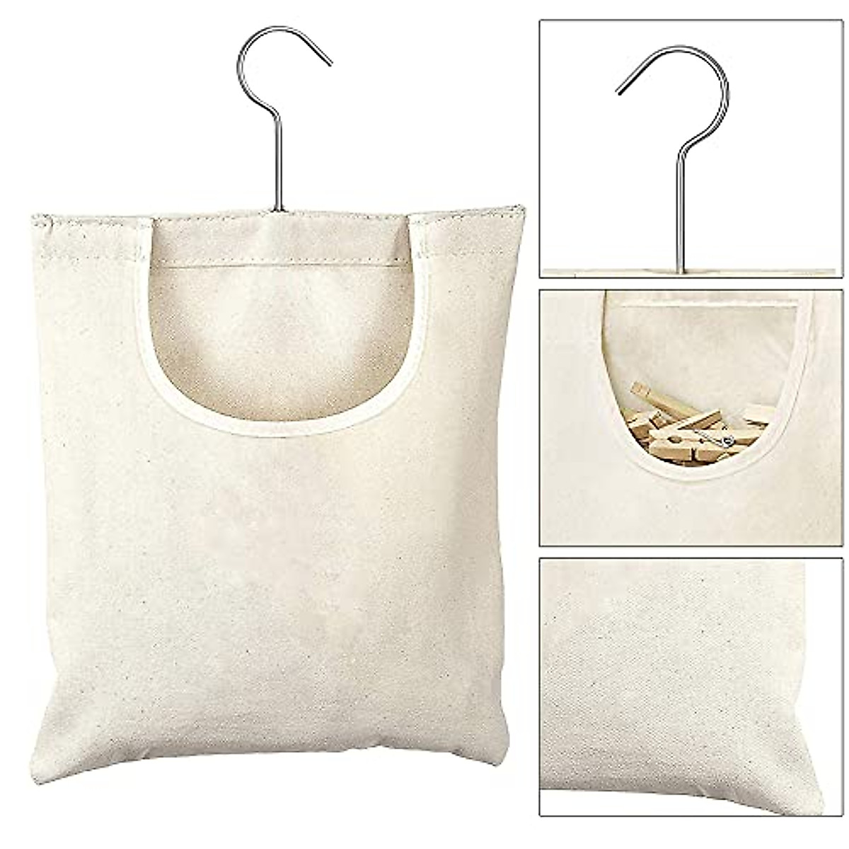 Clothespin Hanging Bag Storage Organizer, Laundry Clothes Pin Holder with Hanging Hook Large Opening Storage Bag with 360° Rotating Hook for Bathroom, Balcony (Beige, 31.75cm * 26.67cm)