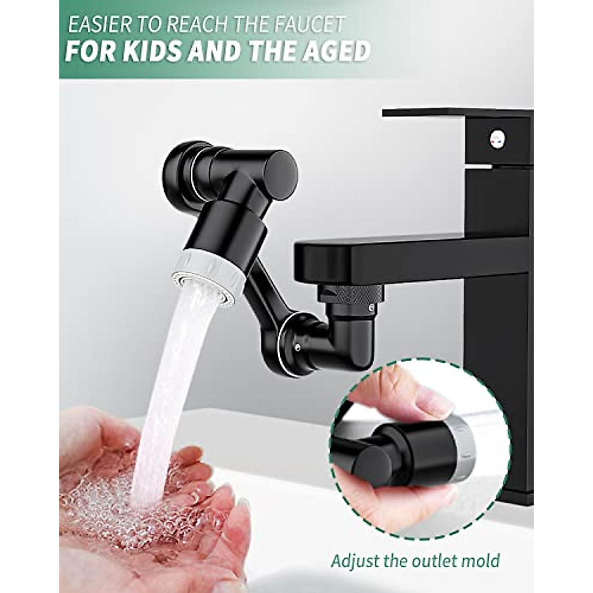 FIRMER Faucet Extender, 1080 Degree Rotatable Multifunctional Extension Faucet Aerator, Large-Angle Rotating Splash Filter Faucet Attachment for Eye, and Gargle Portable Washing Black