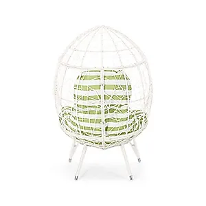 Valerie Outdoor Wicker Teardrop Chair with Cushion, White and Green