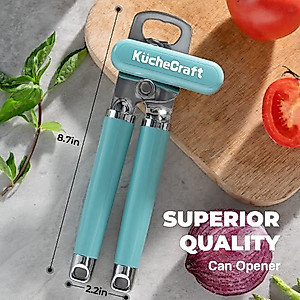 KucheCraft Can Opener Manual, Heavy Duty Handheld Can Opener With Stainless Steel Sharp Blade, Hand Can Opener with Ergonomic Hand Grip and Larger Turning Knob, Built in Bottle Opener(Blue)