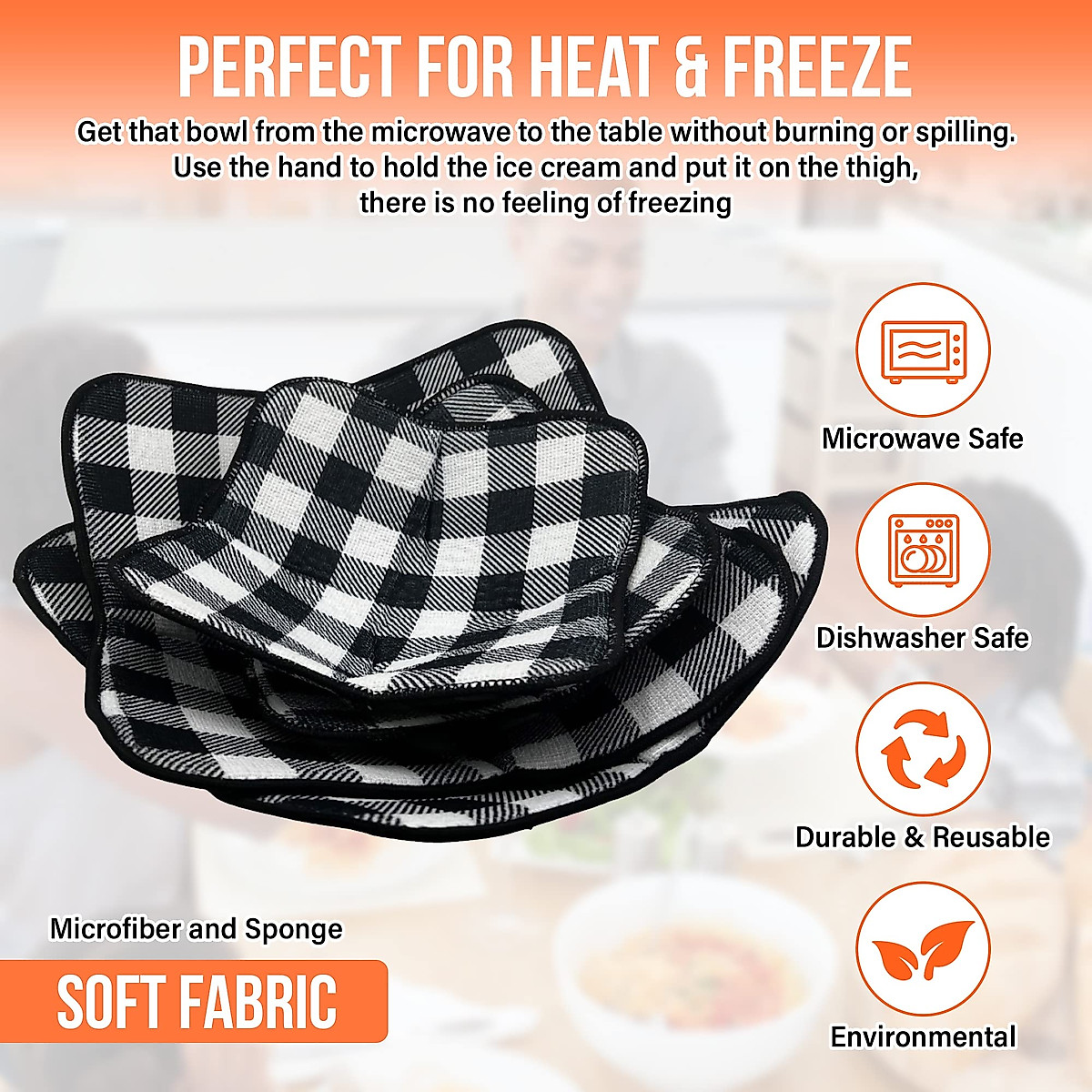 RS Collections 4 Pieces Microwave Bowl or Pot Holders Microwave bowl holder set to keep food warm Heat Resistant Potholder Protector Large Hot Pads Microwave Plate Holder (Black & White Plaid)