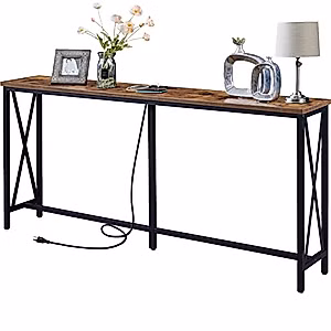 SUPERJARE 70.9 Inch Console Table with 2 Outlet and 2 USB Ports, Extra Long Entryway Table with Metal Frame and X-Shaped Design, Narrow Sofa Table for Living Room and Hallway - Vintage Brown