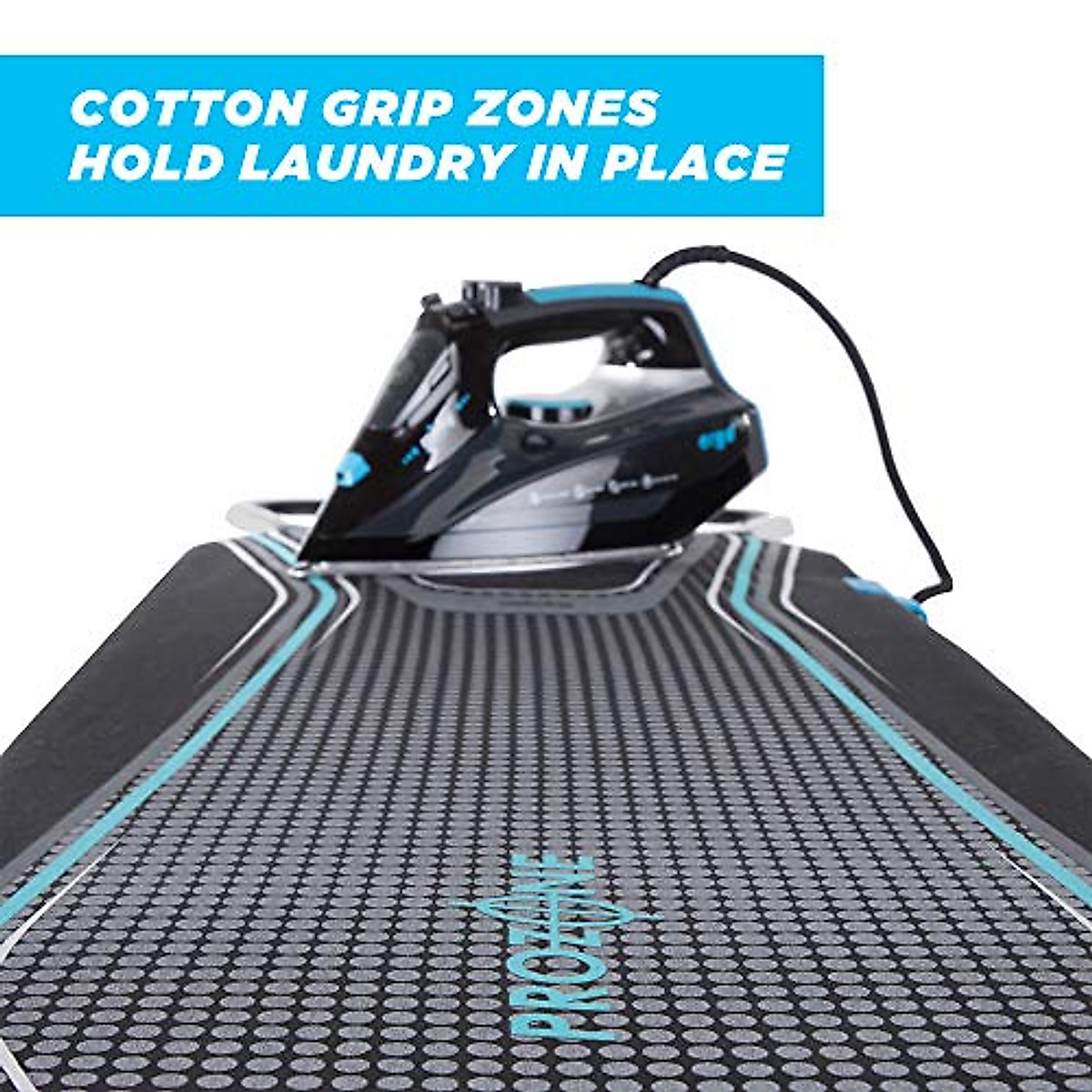 Minky Ergo Prozone Ironing Board | Made in UK | Dual Iron Rest, Heat Reflective Cover, Thick Felt Underlay - Freestanding Ironing Board with Large 48" x 15" Ironing Surface (Gunmetal and Blue)