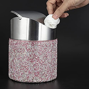 KEYPOWER Bling Rhinestone Mini Trash Can Tiny Waste Can with Swing Lid Stainless Steel,Suitable for Countertop,Car,Table Desk(Pink)