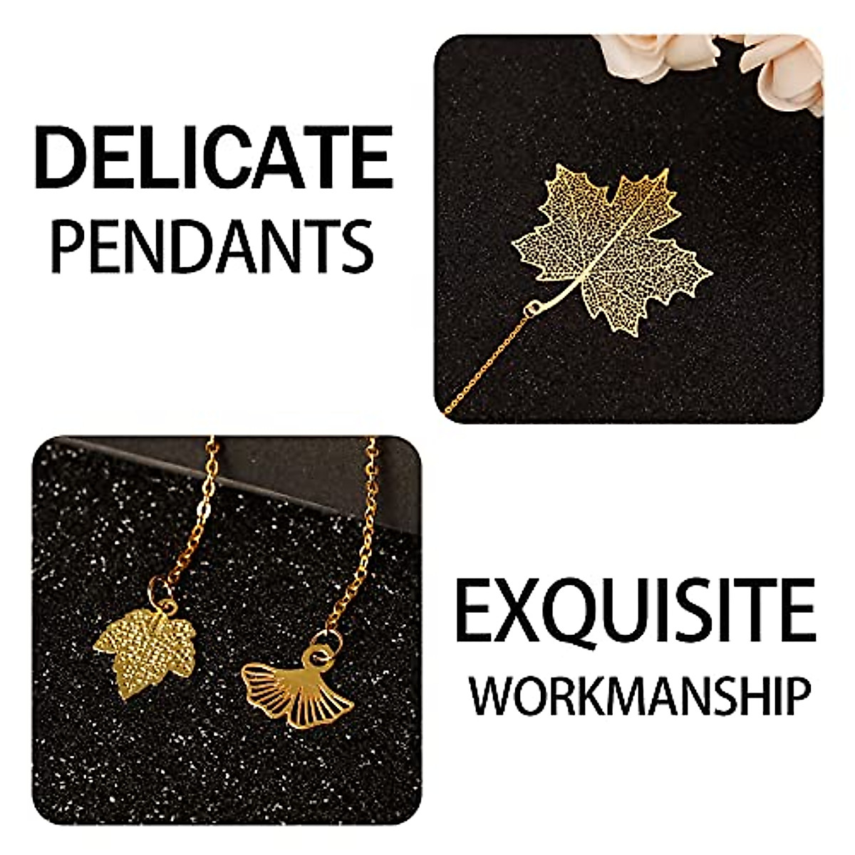 Metal Bookmarks with Chain, BENBO 4Pcs Golden Hollow Bookmark with 1Pc Mesh Gift Bag Brass Personalized Page Markers Gold Maple Leaf Lotus Flower Bookmarks for Book Lovers