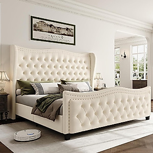 HOSTACK King Bed Frame, 55" Headboard Upholstered Bed with Tall Footbaord, Velvet Handmade Pleats Deep Button Tufted Wingback Platform Bed, No Box Spring Required/Wood Slat Support/Beige