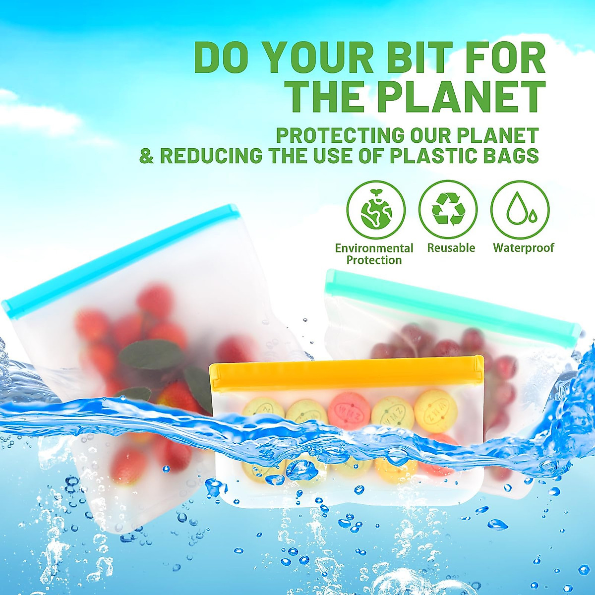 Vosyinm 12 Pack Reusable Ziplock Bags,Silicone Bags Reusable Storage,Reusable Sandwich Bags,Freezable Snack Bag for Storing Meat Lunch Fruit Veggies Snack Make-up(4 Small + 4 Medium+ 4 Large)