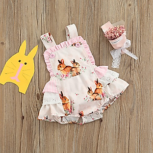 BOIBOKOKO Infant Baby Girl Easter Outfits Sleeveless Bunny Floral Print Romper Ruffle Halter Jumpsuit Bodysuit Easter Clothing (1#Beige, 0-6 Months)