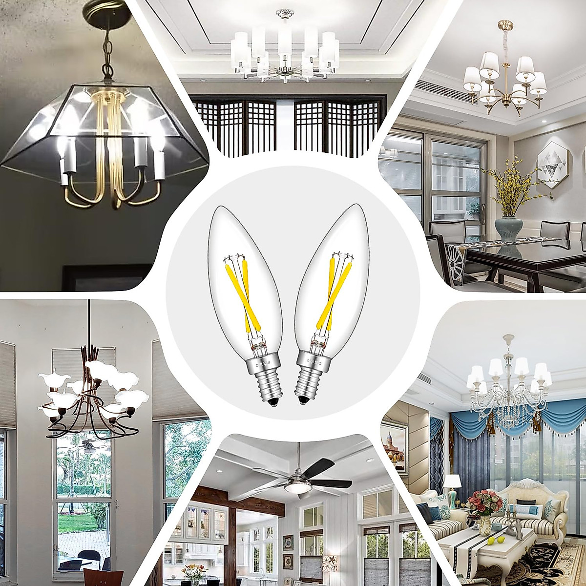 CRLight 2W 4000K LED Candelabra Bulb Daylight White 30W Equivalent 300LM, E12 Base Dimmable LED Chandelier Filament Light Bulbs, Antique Style B10 Clear Glass Candle Torpedo Tip, 12 Pack