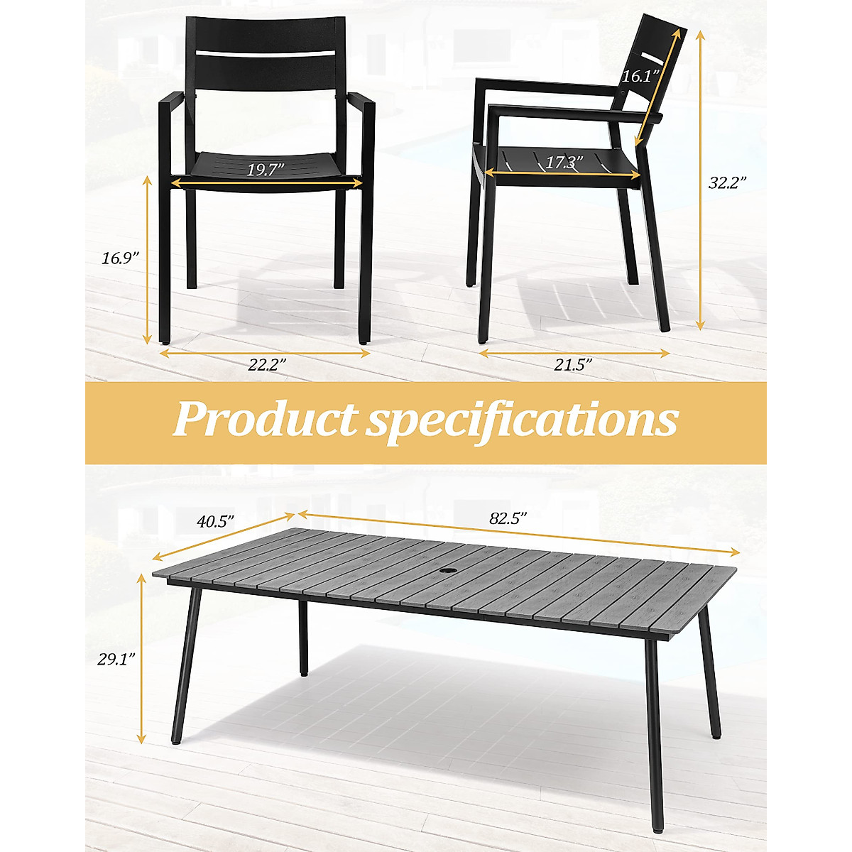 JOINHOM 9 Piece Patio Dining Table & Chair Set - Outdoor All Aluminum Patio Furniture Sets with Waterproof, Rust-Proof, Patio Rectangle Table with Umbrella Hole for Deck, Garden, Backyard, All Weather