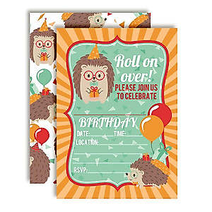 Roll On Over Cute Hedgehog Themed Birthday Party Invitations for Kids, 20 5x7 Fill In Cards with Twenty White Envelopes by AmandaCreation