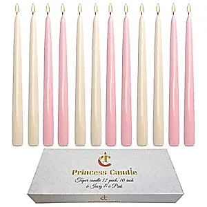 Princess 12 Pack Tall Taper Candles - 10 Inch 6 Ivory, 6 Pink Dripless, Unscented Tapered Candle - Paraffin Wax with Cotton Wicks - 7.5 Hour Burning time