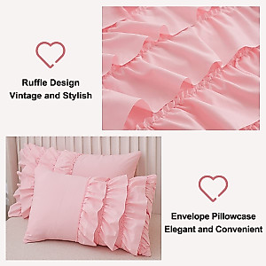 Holawakaka Pink Waterfall Ruffle Comforter Set Twin Size Multi-Layers Ruffled Shabby Chic 3PCS Bedding Set for Girls Women