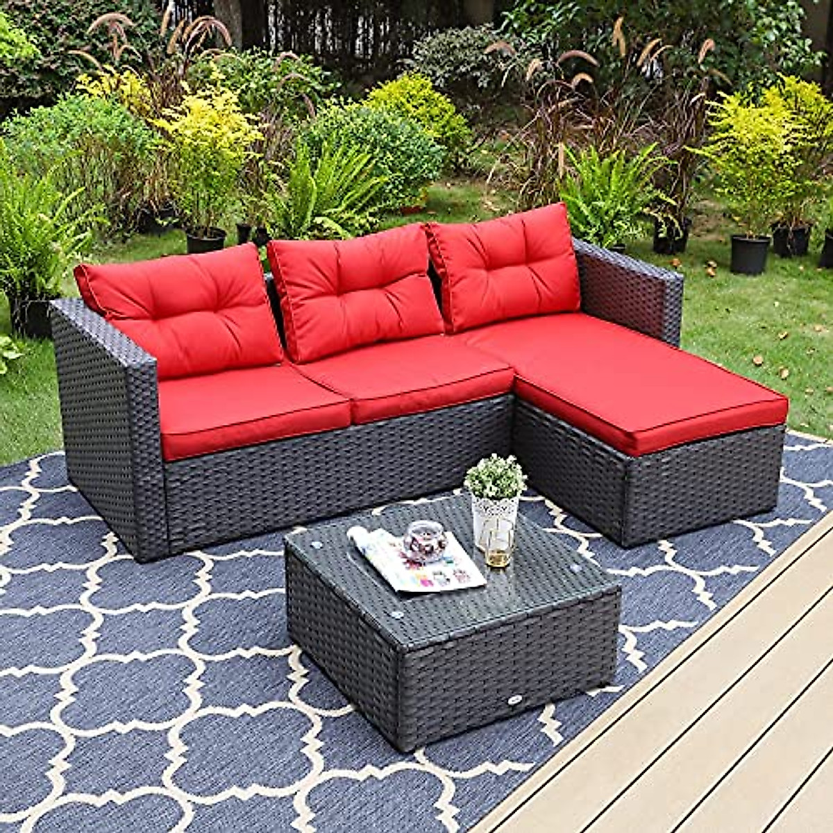 PHI VILLA Patio Sectional Clearance Manual Weaving Wicker Small L-Shaped Outdoor Furniture Sofa Set with Upgrade Rattan (3 Piece,Red)