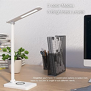 HDTIME LED Desk Lamp with Wireless Charging, Eye-Caring Table Lamp USB Charging Port, 3Lighting Modes 5Brightness Levels with Memory Function, Touch Control Adjustable Lamp15W Office, Reading, Study