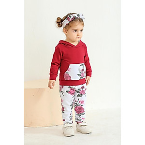 Eghunooy Baby Girl Clothes Long Sleeve Floral Hoodie Sweatshirt Pants with Pocket Headband Outfit Sets (3-6 Months) Wine Red