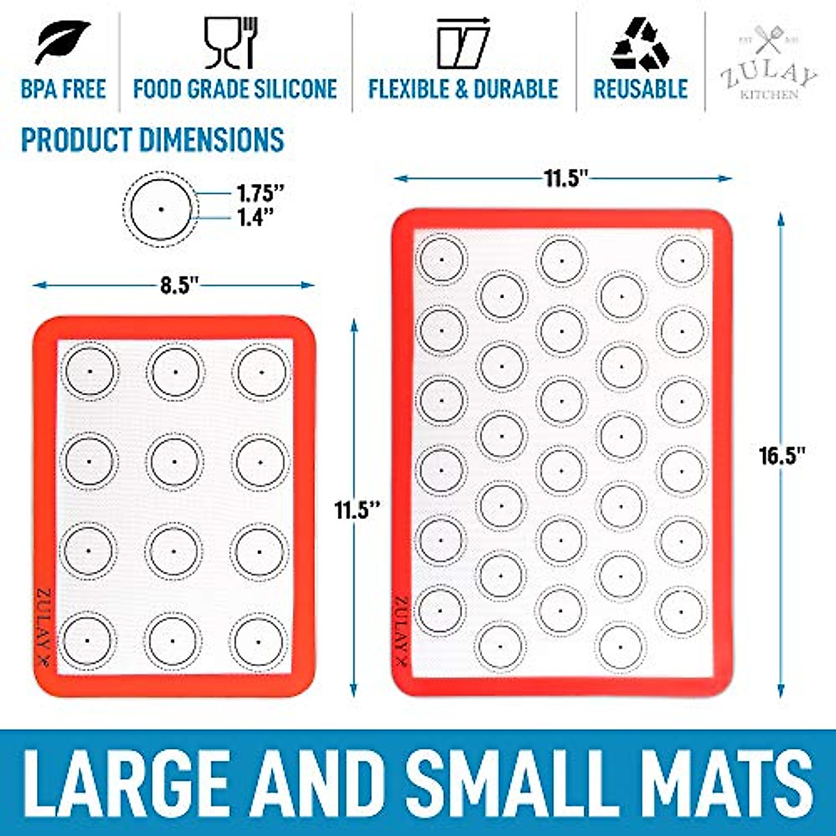 Zulay (Set of 4) Silicone Baking Mat - Macaron Silicone Baking Mats With Pre-printed Template Design - Non Stick & Reusable Silicone Baking Sheet - 2 Half Size + 2 Quarter Size (Red)