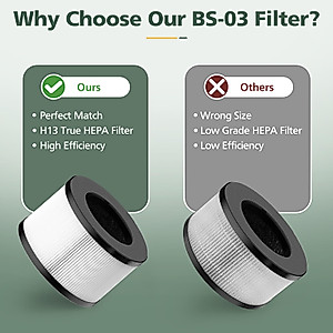 BS-03 True HEPA Replacement Filter Compatible for BS-03 PARTU and Slevoo HEPA Air Purifier with 3-in-1 Filtration System, 1 Pack