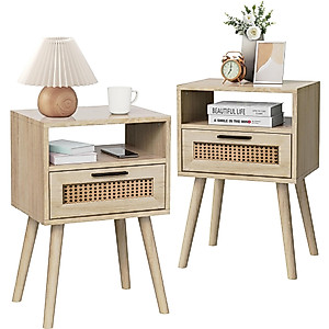 AmzYuga Nightstands Set of 2, Rattan Night Stand, Boho Nightstand with Drawer Open Storage, Modern Bed Side Table with Solid Wood Feet for Bedroom