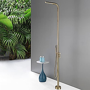 RBROHANT Outdoor Shower Brass Outside Shower Kit for Backyard Garden Pool Beach, Freestanding Outdoor Shower Fixtures with Overhead Shower Head and Hand Shower, Floor Mounted, Brushed Gold, RB0090