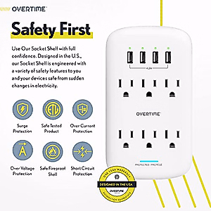 6 Outlet Extending Surge Protector, Multi Outlet Extender Wall Adapter with 4 USB Fast Charging Ports, 6 AC Outlets, Phone Mount, 1200J Surge Protection, ETL Certified (1-Pack, White)