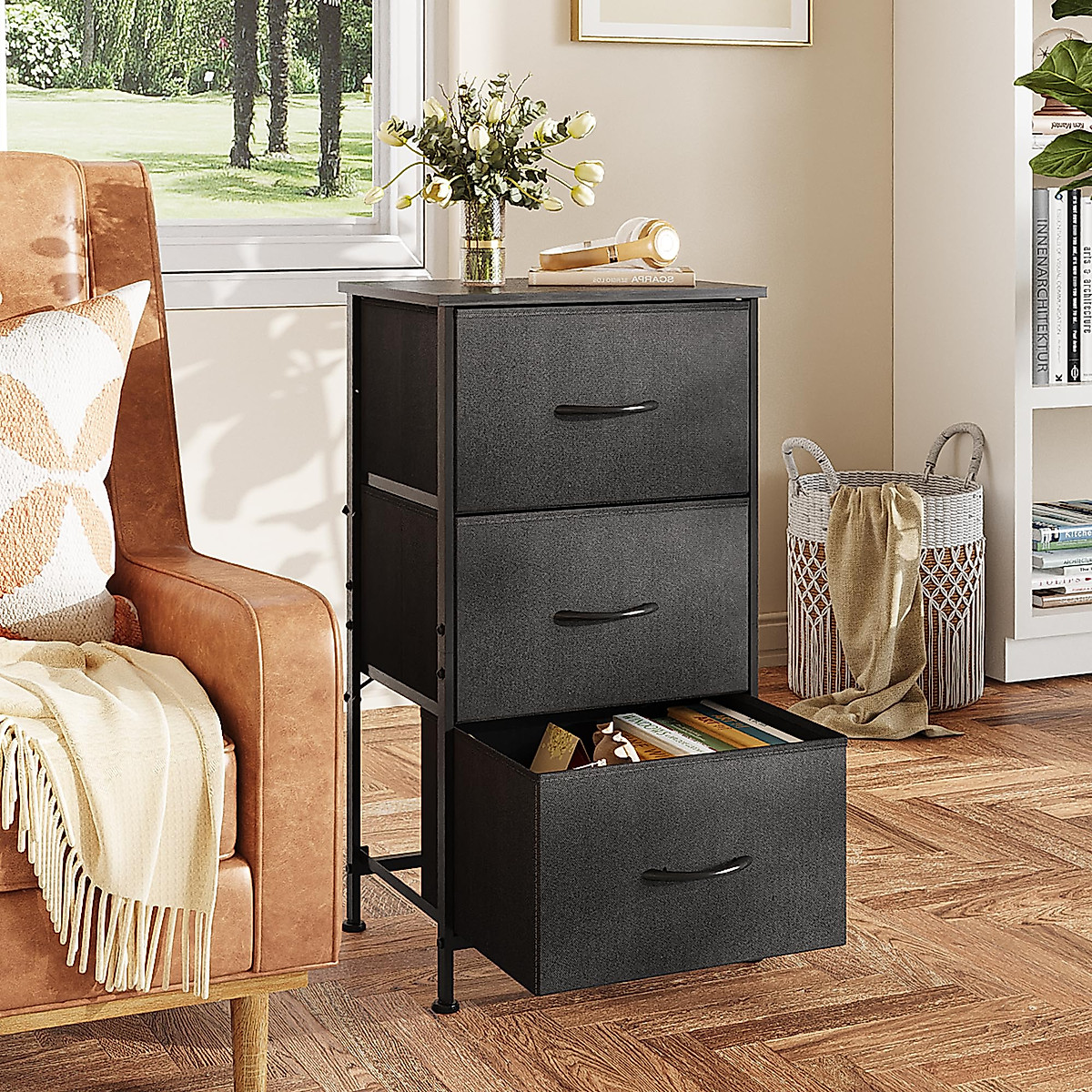 WLIVE Dresser with 3 Drawers, Fabric Nightstand, Organizer Unit, Storage Dresser for Bedroom, Hallway, Entryway, Closets, Sturdy Steel Frame, Wood Top, Easy Pull Handle, Charcoal Black