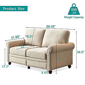 CALABASH Loveseat Sofa, Modern Upholstered Love Seat 2 Seater Small Couch with Classic Nails & Seat Cushion Backrest Removable for Living Room, Bedroom, Apartment, Small Space(Beige Fabric)